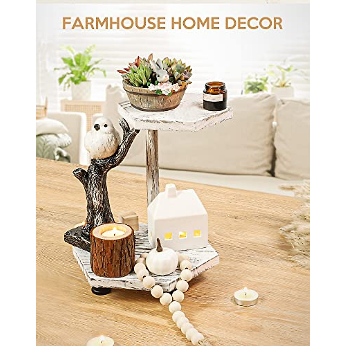 Tikea Hexagonal Wood Riser for Display, 2-Tier Farmhouse Wood Pedestal Stand for Kitchen Bathroom Counter Decor, Decorative Tray for Soap Dispenser, Candle and Plant