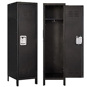 BYNSOE Metal Locker Storage Cabinet Employees Locker Wardrobe Industrial Steel Storage Cabinet with Hanging Rod Bar Shelves and Lockable Doors Vintage Locker for Home, School, Office, Gym (1 Door)