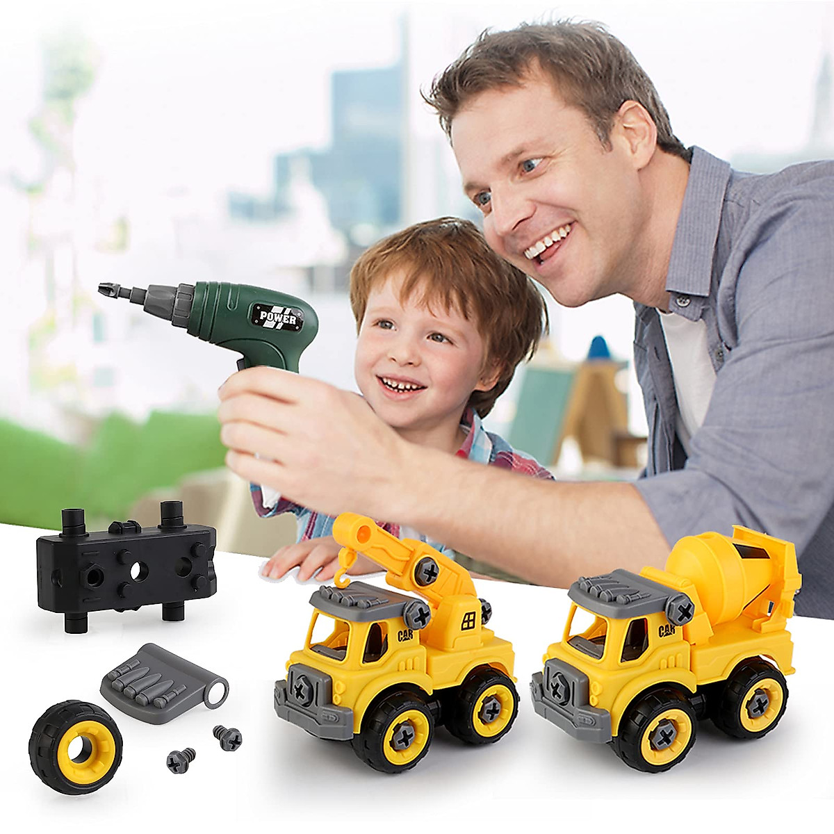 NETNEW Take Apart Construction Trucks Toys for 3 4 5 6 Year Old Boys with Electric Drill and Map Kids Stem Building Toy