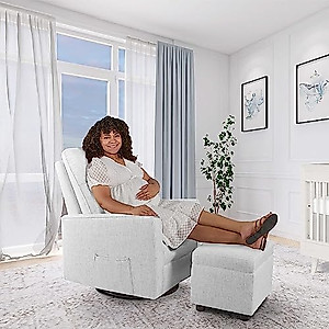 Evolur Aria Upholstered Plush Seating Swivel with Ottoman Greenguard Gold Certified Glider Chair for Modern Nursery, with Side Pockets, Tool-Free Assembly, Easy to Clean, Fog Grey