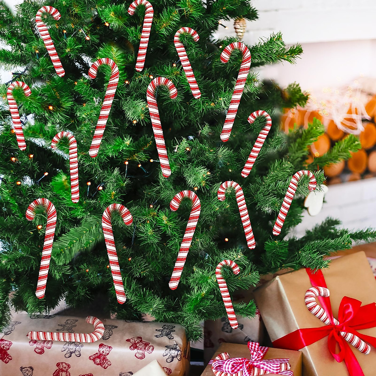 24pcs Candy Cane Christmas Decorations for Tree - Red White Fabric Wrapped Candy Cane Christmas Hanging Ornaments for Farmhouse Christmas Decor Gift Candyland Party Favor Supplies