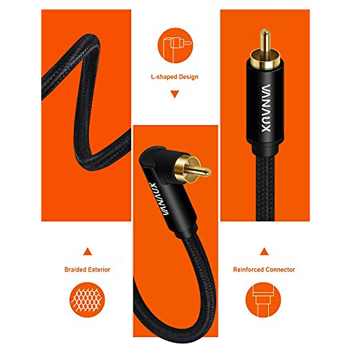VANAUX 90 Degree RCA Cable Subwoofer Cable Male to Male Digital Coaxial Audio Cable for Home Theater, Sound Bar, TV, PS4, Xbox,and More,Black (10ft/3m)