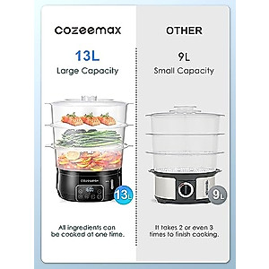 Cozeemax Food Steamer Electric, 13.7QT 3 Tier Digital Vegetable Steamer for Cooking With Appointment 800W, BPA Free, Dishwasher Safe, Auto Shutoff & Boil Dry Protection