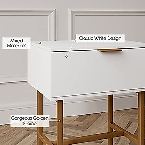 Masupu Nightstand,Mid-Century Modern Bedside Table with Drawer,Small End Table with Gold Frame for Bedroom,Living Room,Classic White