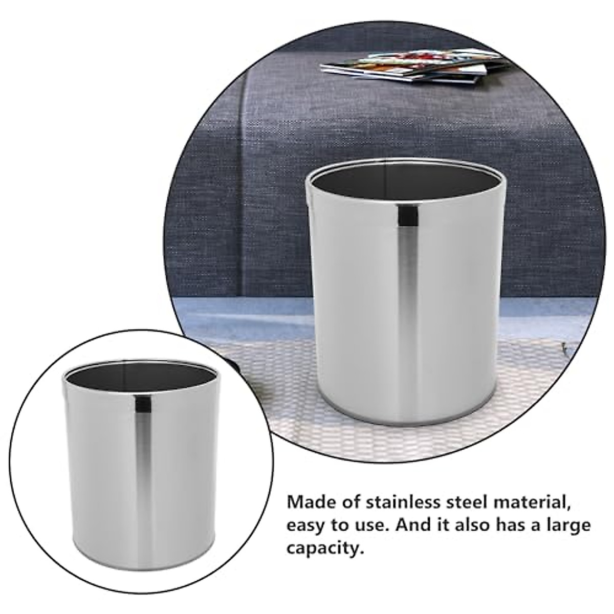 Kichvoe Stainless Steel Round Trash Can Metal Waste Basket Garbage Container Bin Recycle Trash Can Rubbish Bucket Laundry Hamper with Ring for Bathroom Kitchen Office