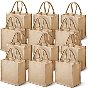 12 Pcs Burlap Jute Tote Bags with Handles Laminated Interior Reusable Blank Bridesmaid Gift Bags Grocery Beach Bag for Shopping Wedding Bachelorette Party Embroidery DIY Art Crafts 12 x 12 x 7.8 inch