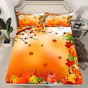 Fall Pumpkin Bed Sheets Set Halloween Themed Sheet Set Boys Girls Maple Leaves Decor Sheets with Deep Pocket Fitted Sheet Microfiber Pumpkin Festival Bed ing Set Bed OOM Full Size