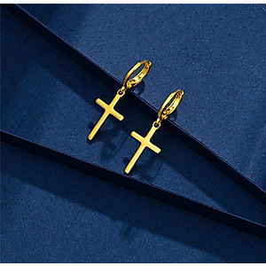 Mens Cross Earrings 24k Yellow Gold Plated Hoop with Snap Closure