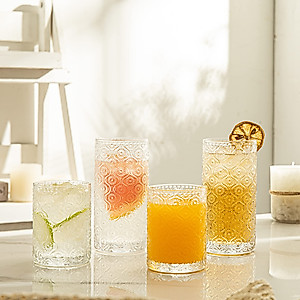 POLIDREAM Set of 4 Vintage Embossed Glass Cups | Art Deco Glassware | 2 Tall Crystal Tumblers & 2 Short DOF Glasses | Ideal for Whiskey, Beer, Juice, Water | Perfect for Home, Bars, Parties