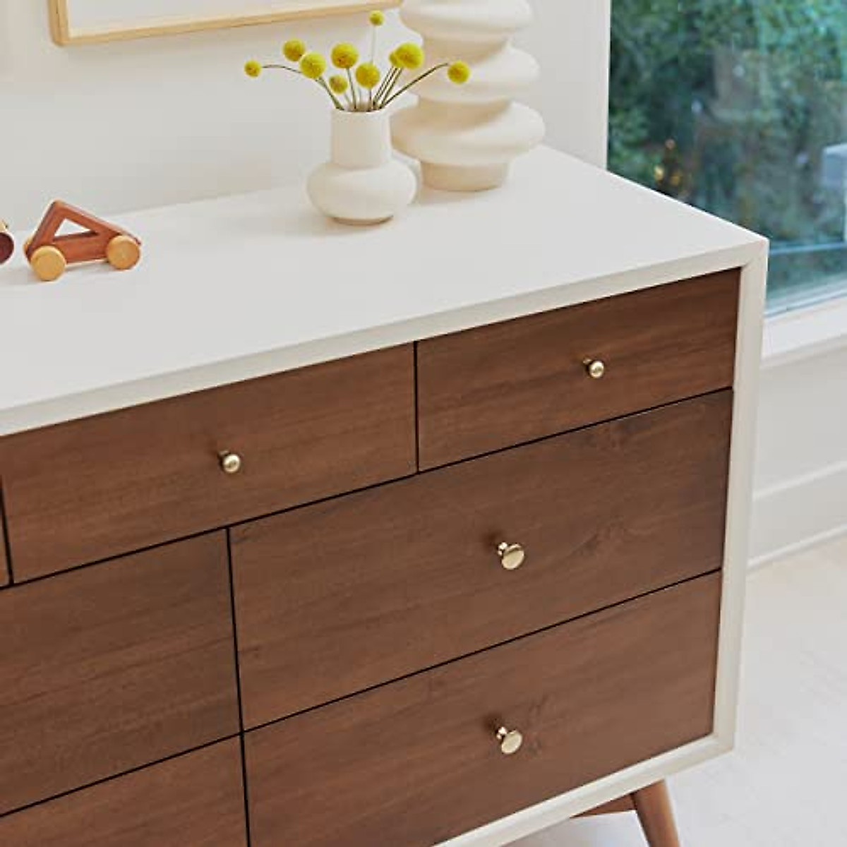 babyletto Palma 7-Drawer Assembled Double Dresser in White and Natural Walnut, Greenguard Gold Certified