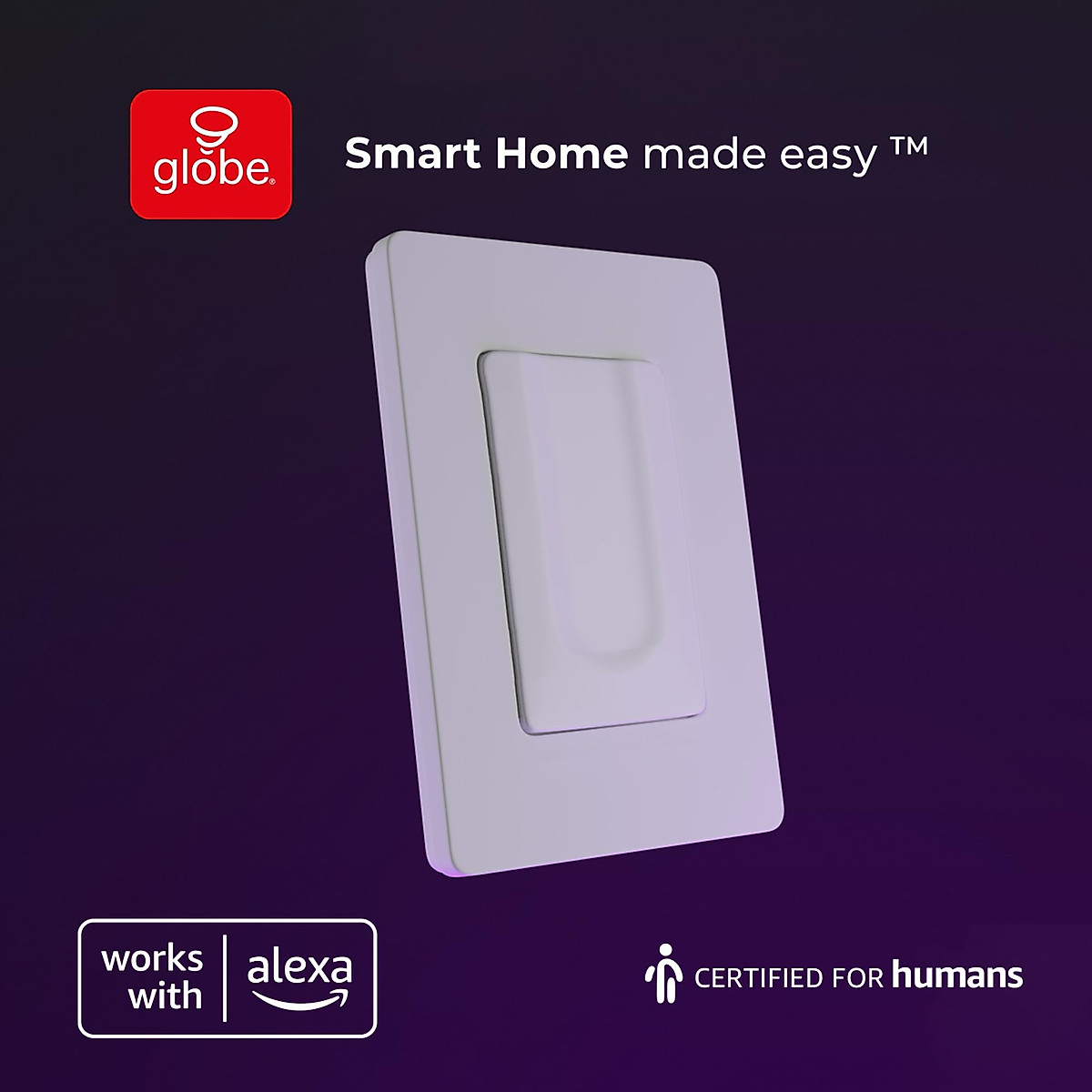 Globe Electric 50586 Works with Alexa Only Wi-Fi Smart Indoor On/Off Smart Switch,2.4Ghz WiFi, Neutral Wire Required, Voice Activated, White, Wall Plate Included, Smart Home Automation