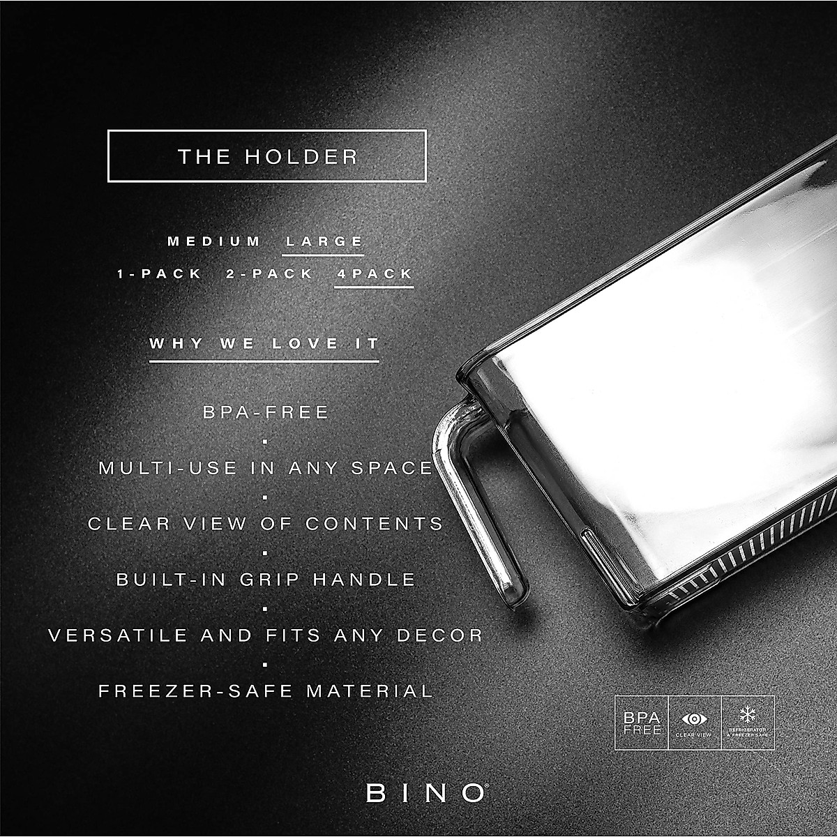 BINO l Plastic Storage Bins l THE HOLDER COLLECTION l 4-Pack, Large Multi-Use Clear Containers for Organizing with Built-in Handles l Pantry Organization & Storage l Kitchen Organizer l Storage Bins