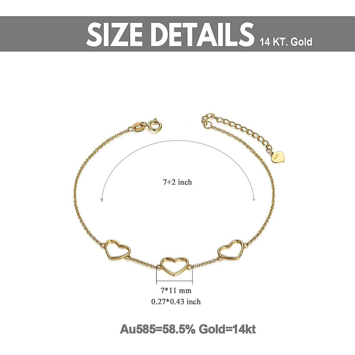 SISGEM 14k Gold Heart Bracelet for Women, Real Gold Fine Love Jewelry for Her