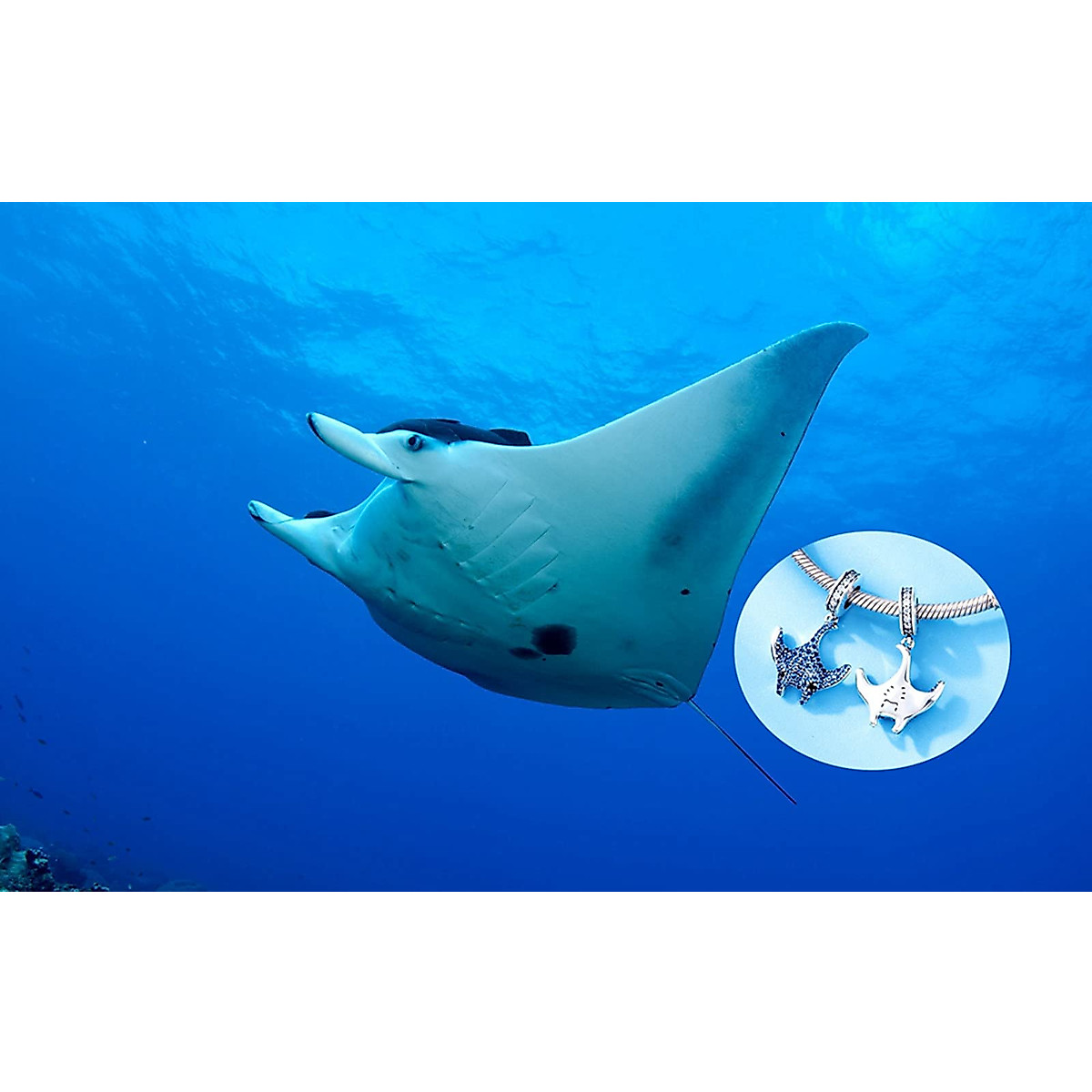 3D Devil Manta Ray Fish Charms, Charm fits Pandora Ocean Animal Bracelet, 925 Sterling Silver Sparkling Pave Blue CZ Pendant Beads, Gift for Hawaii Vacation/Christmas/Birthday