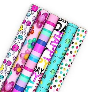 Hallmark Birthday Wrapping Paper Rolls - Flowers, Stripes, Pink, Teal and Black Polka Dots Gift Wrap Paper (Set of 6 Rolls: 180 sq. ft. ttl.)