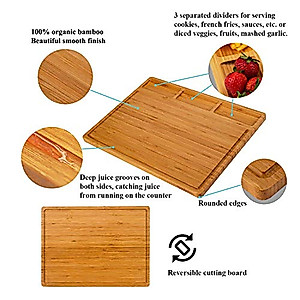 Large Bamboo Wood Cutting Board for Kitchen, Butcher Block, Chopping Cheese Carving Board, Serving Tray with 3 Built-In Dividers And Juice Grooves (17x12.6x0.62 Inch)