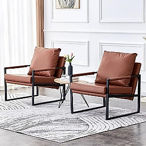 Goohome Mid Century Modern PU Leather Accent Chair Single Sofa,Cozy Upholstered Armchair Living Room Furniture,ReadingChair W/Metal Frame Extra-Thick Padded Backrest, Seat Cushion, Anti-Slip Footpad