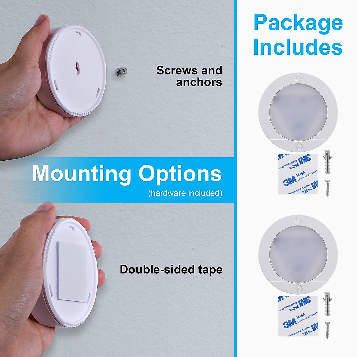 GE Wireless LED Puck Lights, 2 Pack, Battery Operated, 20 Lumens, Touch Light, Tap Light, Stick on Lights, Under Cabinet Lighting, Ideal for Kitchen Cabinets, Closets, Garage and More, 25434
