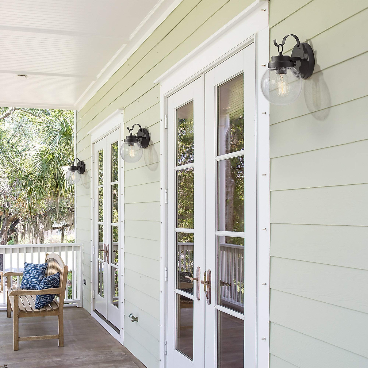 LALUZ Sphere Porch Light, Outside Lights for House with Seeded Glass Globe, Weather-Proof Outdoor Light Fixtures Wall Mount for Front Door, Garage, Yard, Patio, Textured Black Finish, 2 Pack