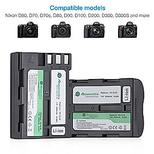 Powerextra EN-EL3E 2X EN-EL3E Battery & Charger Compatible with Nikon D50, D70, D70s, D80, D90, D100, D200, D300, D300S, D700 D900 Digital Cameras (Free Car Charger Available)