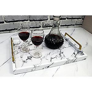 MCBZ Home furnishings, Serving Trays, Coffee Table Decorative Trays, Marbled Leather Trays, Gold Handle Storage Trays (White/Marbled)