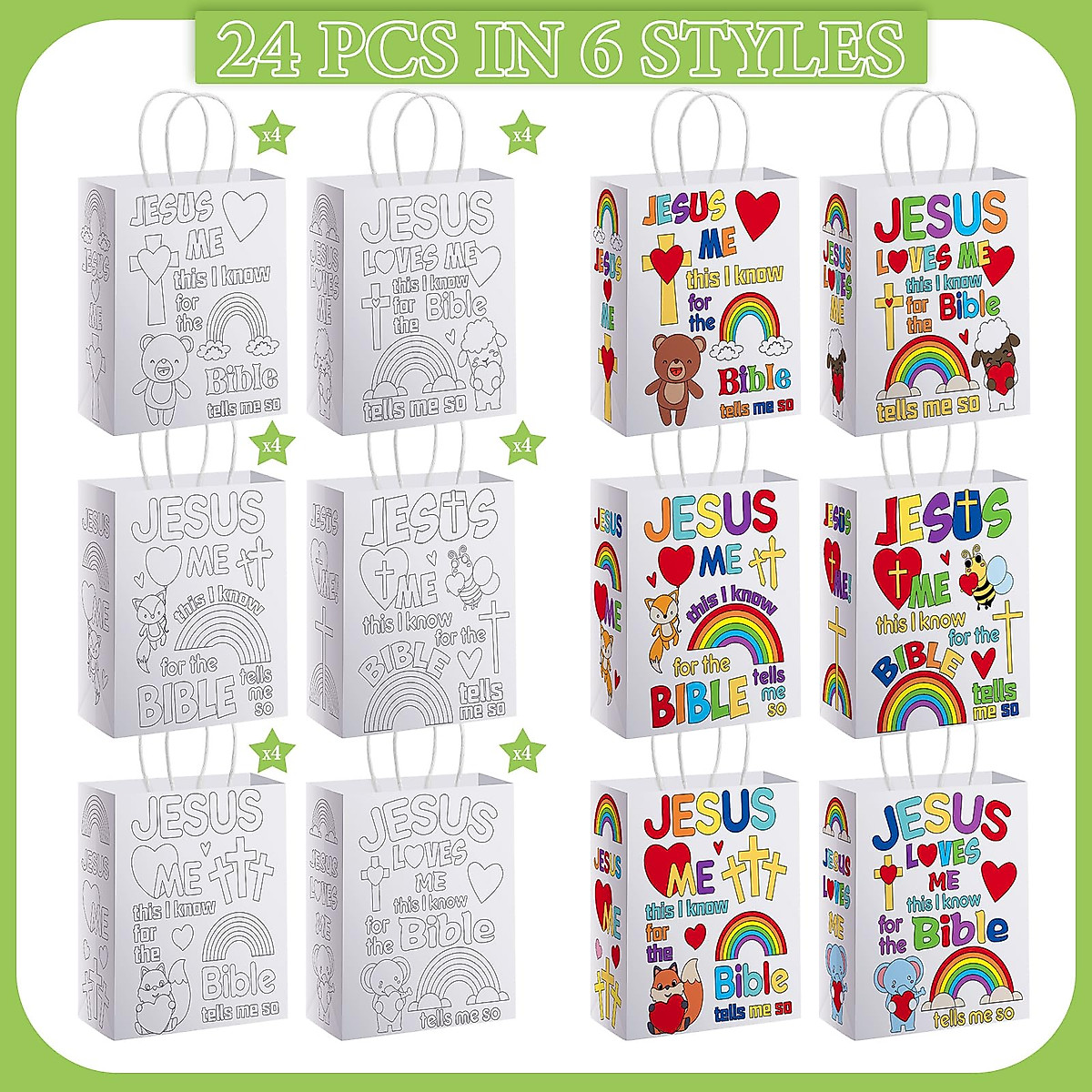 Motiskyy 24 Pcs Color Your Own Jesus Loves Me Paper Bags Religious Bags DIY Crafts, Christian Religious Crafts for Sunday School Home Classroom Religious Art Activity Supplies