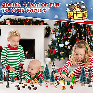 43 Pieces Christmas Village Sets Miniature Ornaments Resin Miniature Garden Dollhouse Mini Street Light Models Small Pine Tree with Wooden Bases Tabletop Xmas Ornaments Resin Snowman Santa Figurines