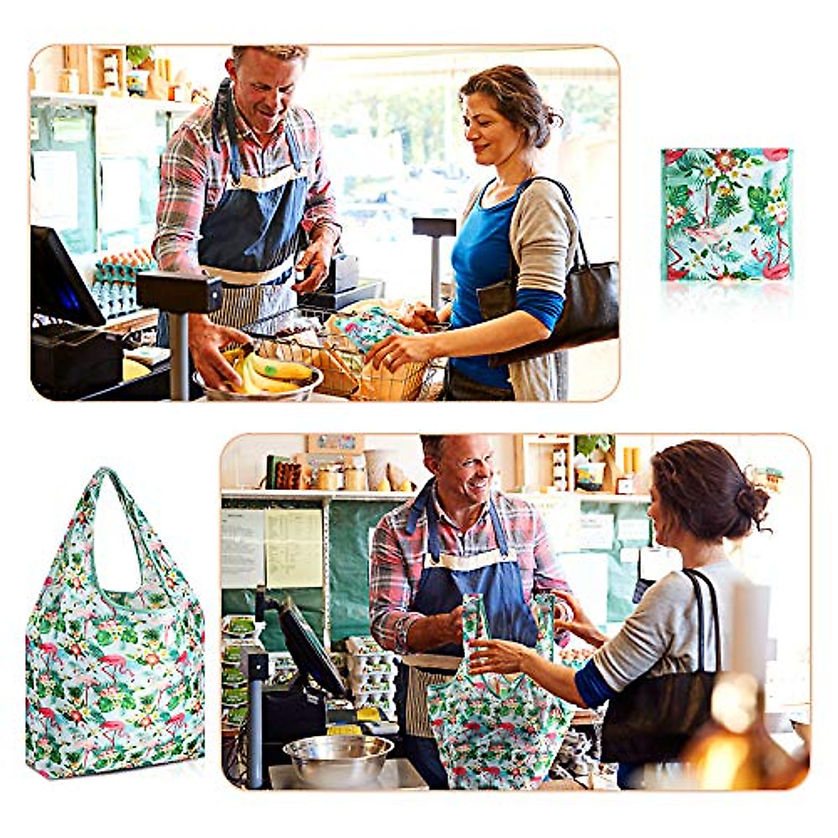 6 Pieces Reusable Grocery Bag with Storage Pouch, Washable Foldable Lightweight Durable Waterproof Shopping Bag Tote Grocery Bag (Fresh Pattern)