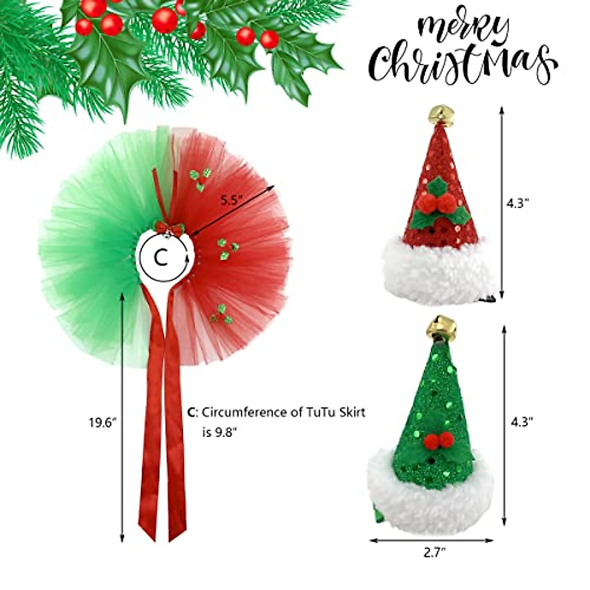 Vehomy Dog Christmas Costume - Christmas Dog Cat Tutu Skirt with Bell and Bow Tie Pet Xmas Hat Hairpin and Christmas Dog Bandanas Puppy Kitty Xmas Accessories for Cats Small Medium Dogs 5Pcs