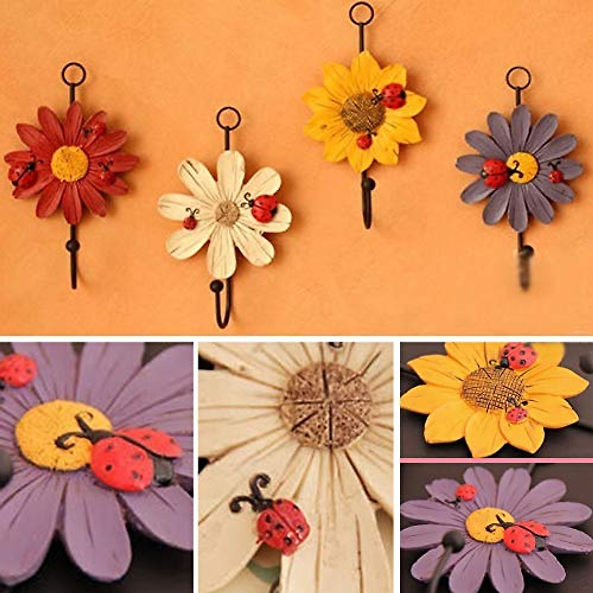 qiguch66 Wall Hooks for Home Kitchen Bathroom, Creative Household Ladybug Flower Resin Keys Coat Hat Wall Hook Home Decoration - White