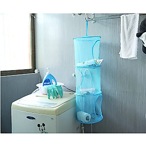 Mesh Hanging Storage Basket With 3 Compartments Foldable Hanging Storage Organizer Net Bag for Toys Storage, Space Saver Sundries Clothes Bra Underwear Socks Drying Basket Laundry Hamper (Blue)