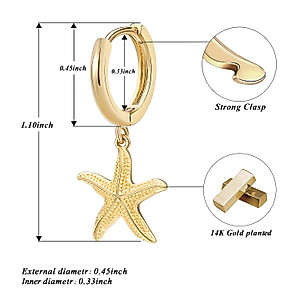 SANNYRA Starfish Earrings for Women - 14K Gold Plated Earrings - Hoop Dangle Earrings Jewelry - Gold Huggie Hoop Earrings for Women