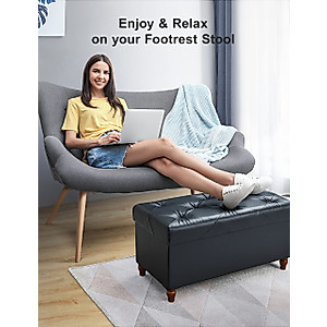 Nicehill 30 inches Folding Storage Ottoman Bench with Wooden Legs, Ottoman with Storage for Living Room & Bedroom,Faux Leather, Load 350lbs, Black