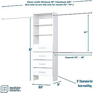 MC Modular Closets Closet Shelves Tower With Hanging Kit - Built In Organizer System Corner Organizers And Storage Shelves Shelving Expands From 52'' 120'' (EXTW-AS-25.5) (Shelves and Drawers), White