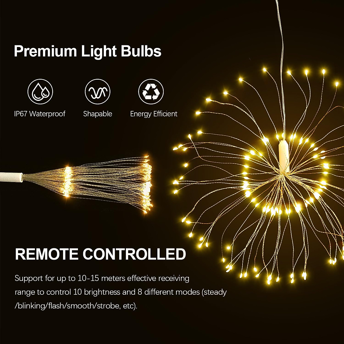 KIKILIVE Firework Lights, 8 Pack LED Copper Wire Fireworks Lights Fairy Lights Christmas Fireworks Hanging Dimmable String 8 Modes Waterproof with Remote Control for Christmas Wedding Garden