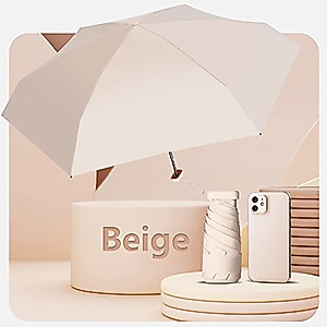 ESUFEIR Mini Travel Sun Umbrella for Purse With Case,Small Compact UV Umbrella Protection Sun,Lightweight Portable Parasol Umbrella Windproof for Women Men Kids (Beige)