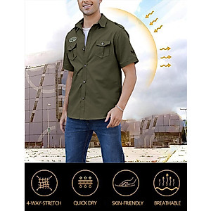 Gihuo Men Shirt Short Sleeve Military Button Down Army Tactical Shirt Utility Cargo Work Uniform Shirt Tops (Medium, Army Green)