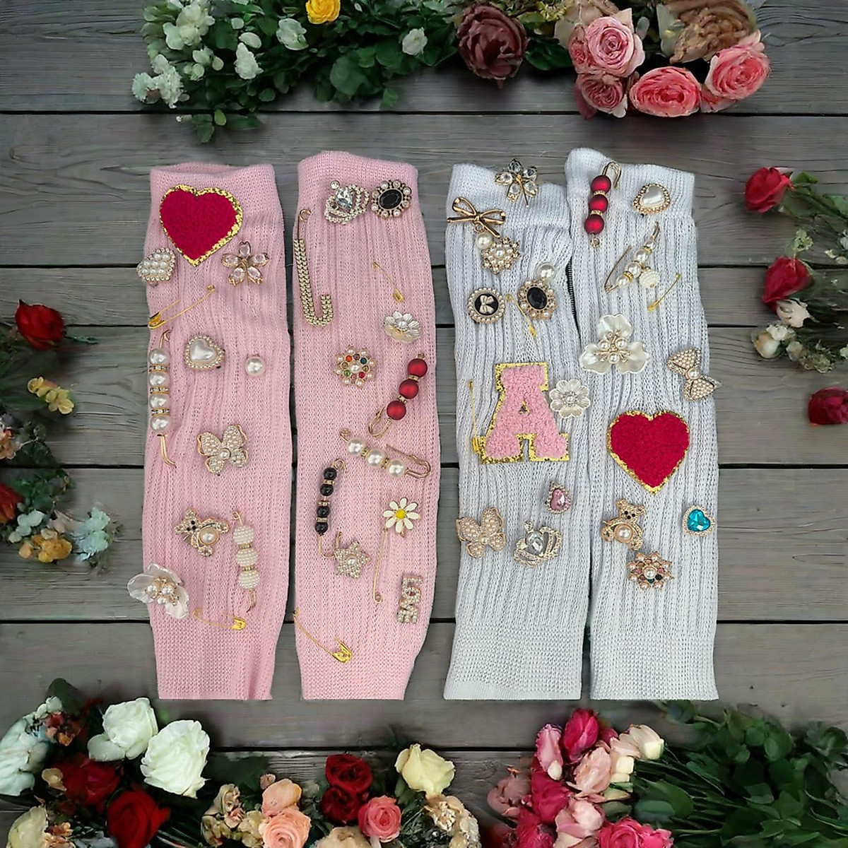 Charms for Socks Safety Pin Brooch,55pcs Junk Sock Charms Pins Gold Bling Sock Jewelry Charms,Brooch Pins for Socks,Pearl Rhinestone Brooch Pins Costom Shoe Sock Charms Kit Bulk for Hat Clothes