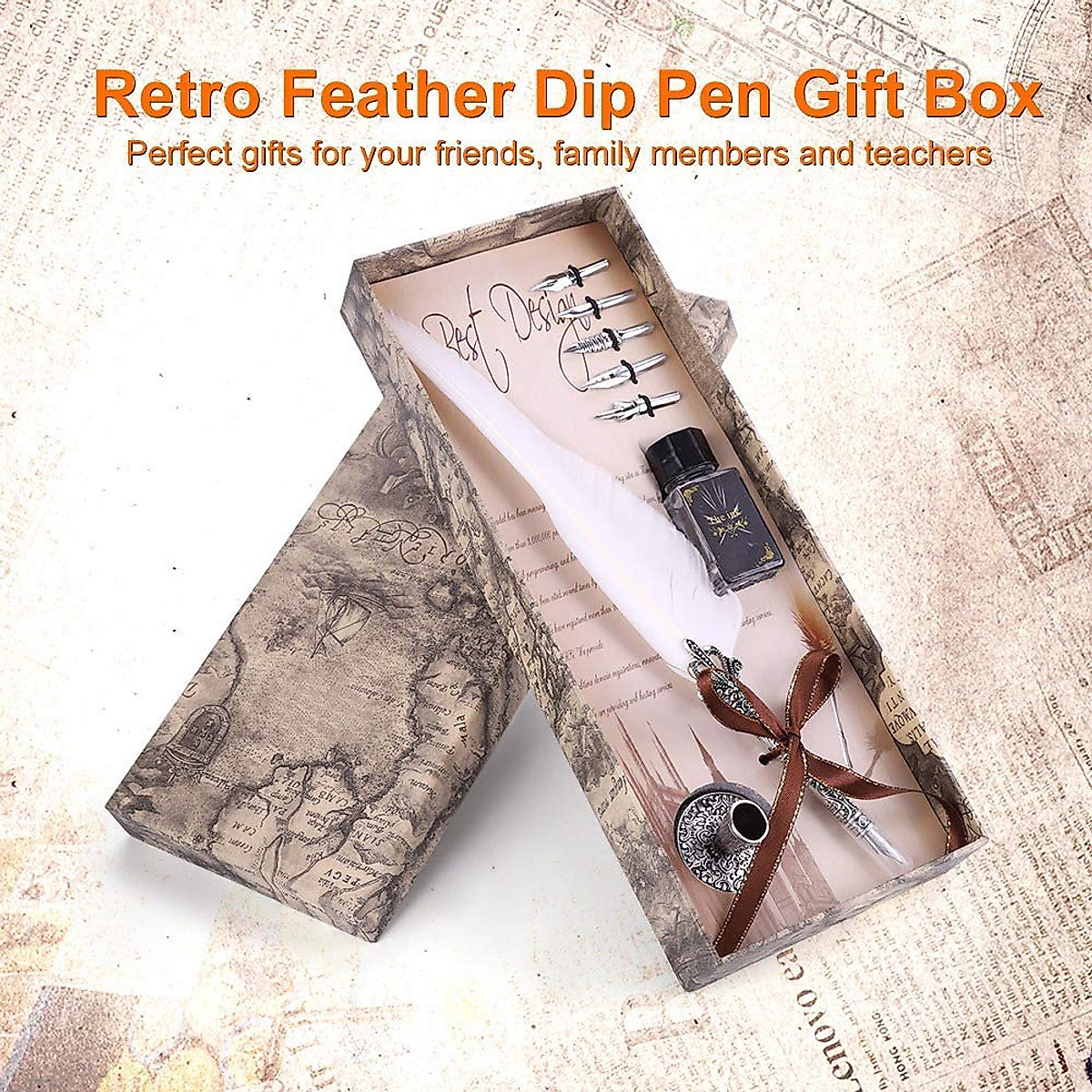 Ciglow European Retro Pen Gift Box Set,Calligraphy Dip Quill Pen Sealed Set with 5 Nibs Empty Ink Bottle Writing Pen,Suitable for Christmas,Valentine'S Day and Other Holiday Gifts