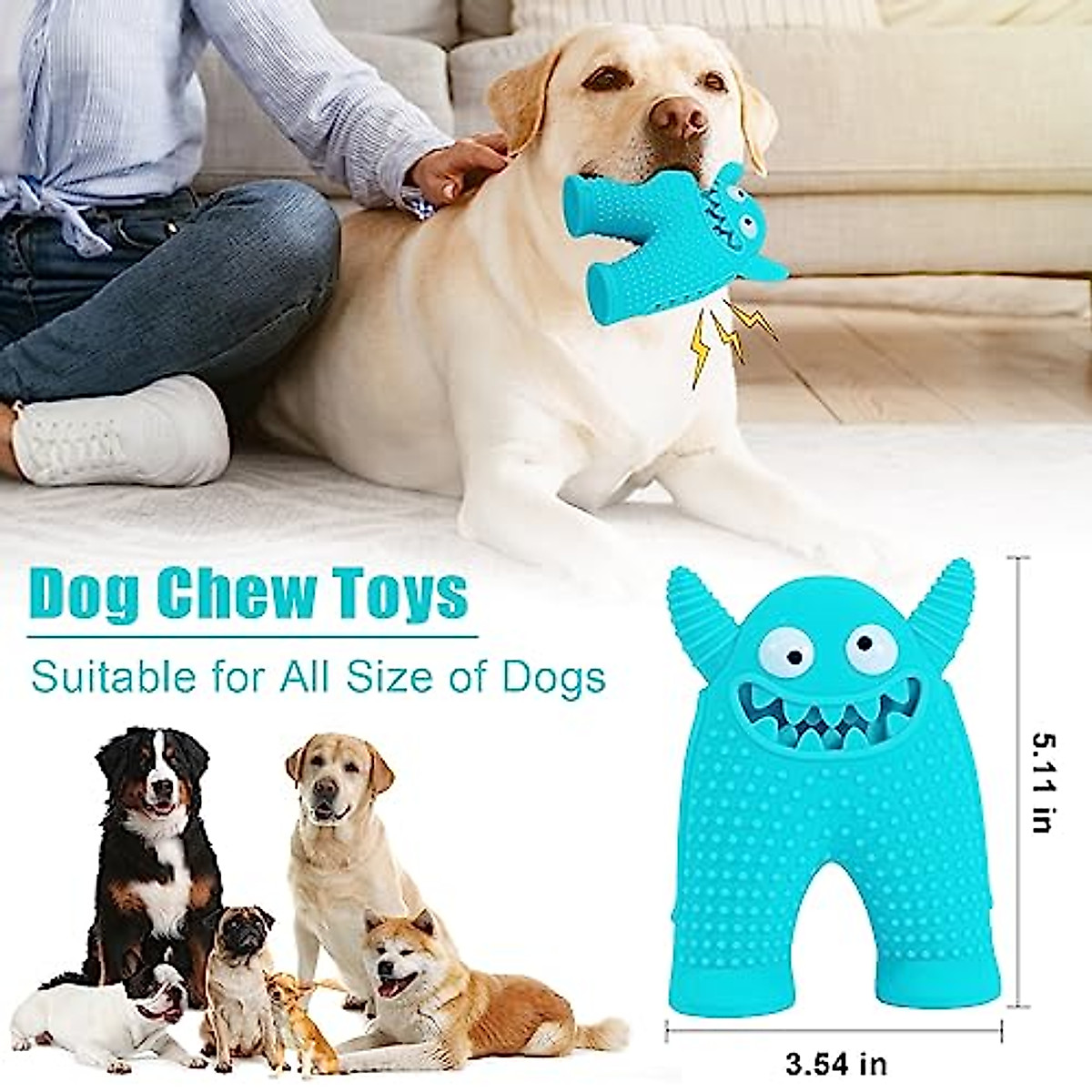 MADDEMCUTE Squeaky Dog Toys for Aggressive Chewers,Durable Interactive Dog Chew Toy for Small Dogs,Natural Rubber Teeth Cleaning Puppy Treat Toys(Blue)