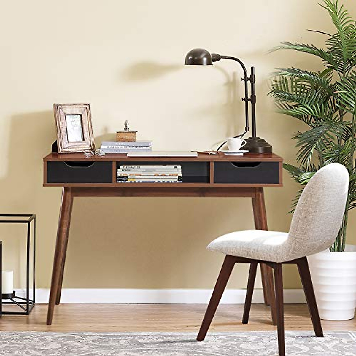 Tangkula Mid Century Desk with Drawers, Modern Writing Study Desk, Home Office Desk Computer Desk with Solid Wood Legs & Open Shelf, Study Workstation Multifunctional Vanity Table Desk for Bedroom