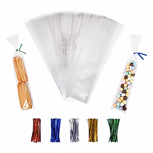100PCS Cellophane Bags 2x10 inches, Clear Treat Bags with 4’’ Twist Ties, Plastic Cello Bags - 1.4 mils Thick OPP Rice Crispy Bags for Gift Goodie Favor Candy Cake Pop Birthday Party Cookies (2’’ x 10’’)
