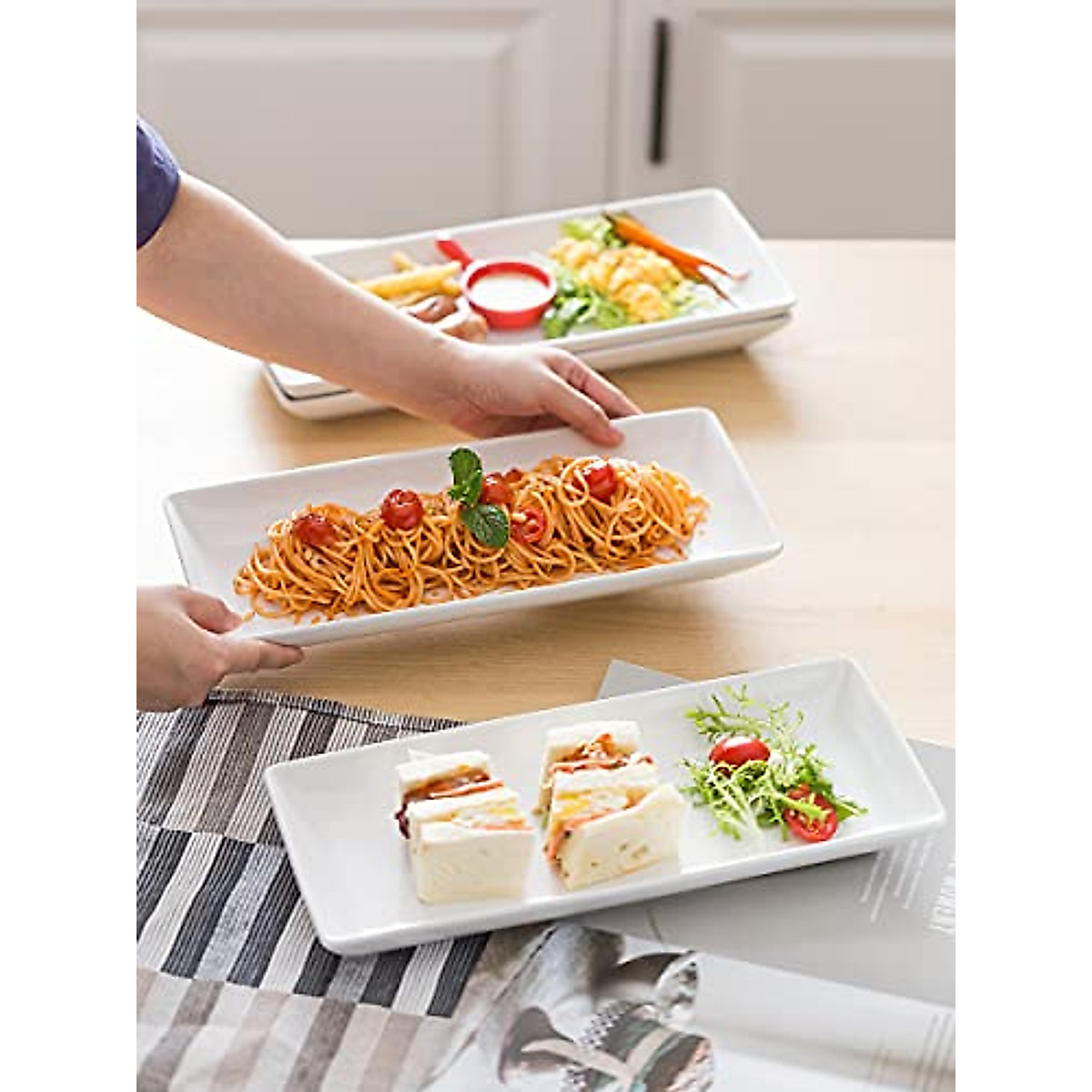 LAUCHUH Porcelain Serving Platter Rectangular Plate / Tray for Party, 14-Inch Large White Microwave And Dishwasher Safe Set of 4