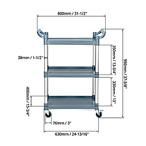 QWORK Plastic Utility Cart with Wheels Lockable, 3-Tier Rolling Push Cart Bus Cart for Restaurant, Kitchen, Gray