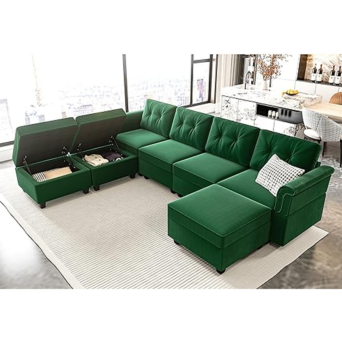 Belandi Modular Sectional Sofa U Shaped Convertible Sofa Couch with Storage, 7-Seat Velvet Modular Sofa with Ottomans, Oversized Sofa Couch with Reversible Chaises for Living Room, Green
