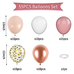 Dusty Pink Balloons, 55Pcs Blush Pink Party Balloons 12 Inch Metallic Rose Gold White Latex Balloons Retro Pink Rose Gold Balloons Gold Confetti Balloons for Birthday Party Baby Shower Bridal Shower