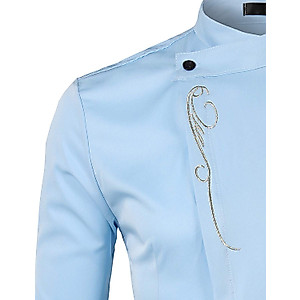 ZEROYAA Mens Hipster Embroidery Slim Fit Long Sleeve Casual Mandarin Collar Dress Shirts Z53 Light Blue Large