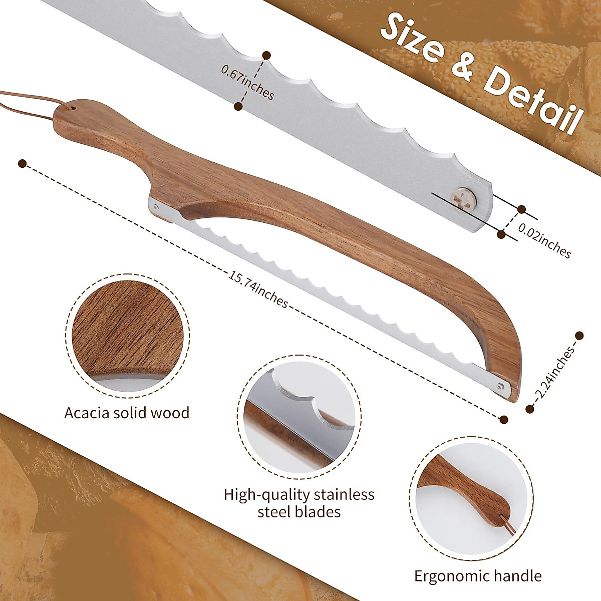 kaiqiber Bread Knife for Homemade Bread,Wooden Bread Bow Knife,suitable for sour bread and homemade bread-Bow shaped design-16 Wooden Serrated Bread SlicerKnife-Premium Stainless Steel