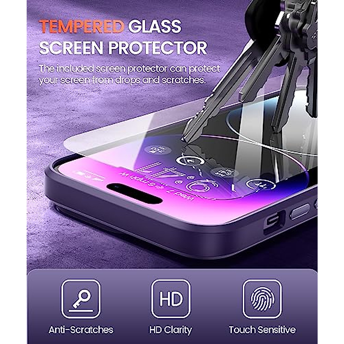 Caka 360° Rotatable Ring for iPhone 14 Pro Max Phone Case with Screen Protector & Kickstand Magnetic Ring Holder Protective Matte Case for iPhone 14 Pro Max 6.7 inches - Deep Purple