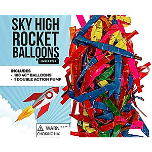 [100 Pack] Rocket Balloons Plus 1 Easy-To-Use Pump - Party Pack, No Need for A Refill - Watch Each Screaming Balloon Rocket to the Sky! By IMPRESA (Pump Color May Vary)